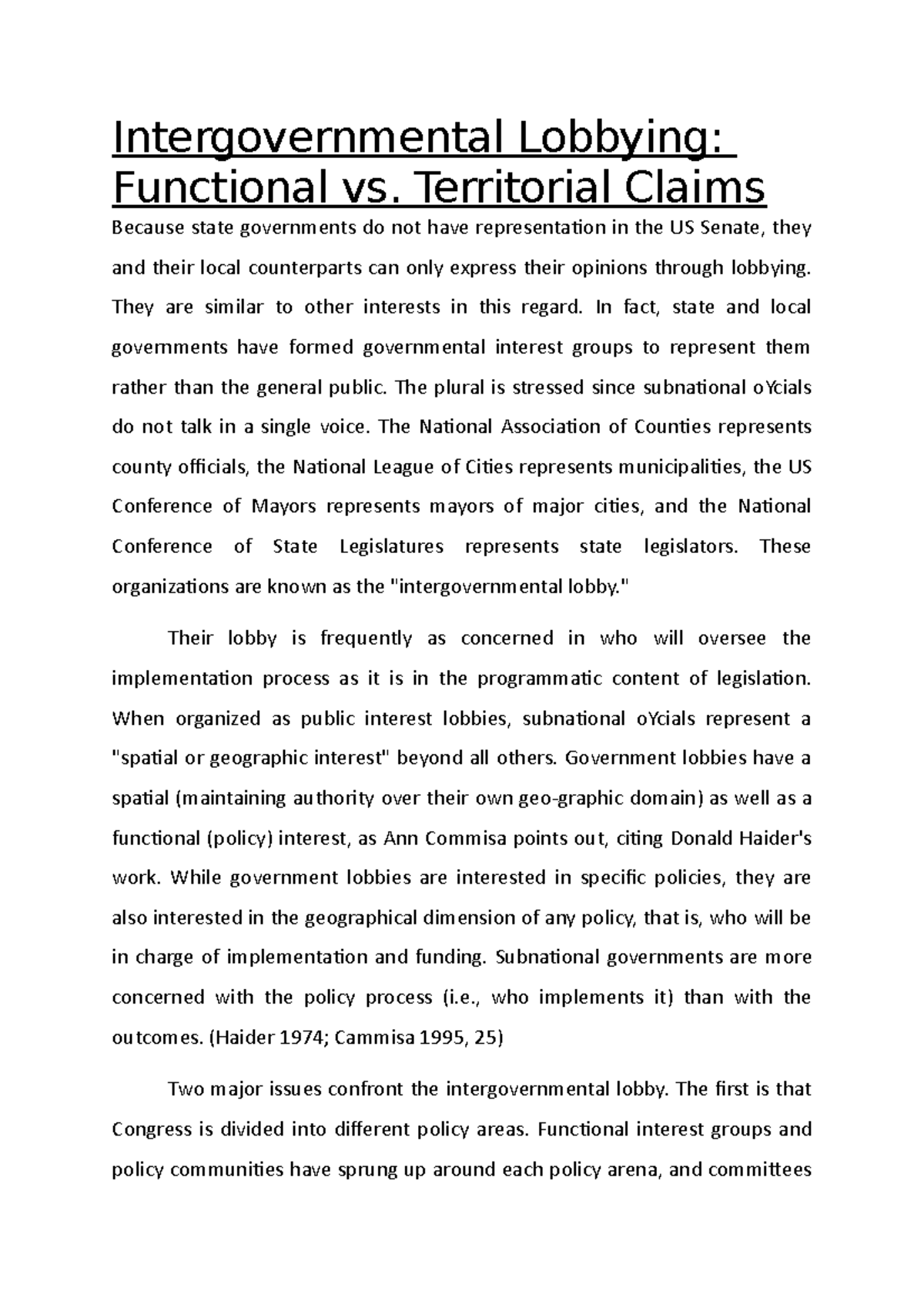 Intergovernmental Lobbying Functional vs Territorial Claims ...