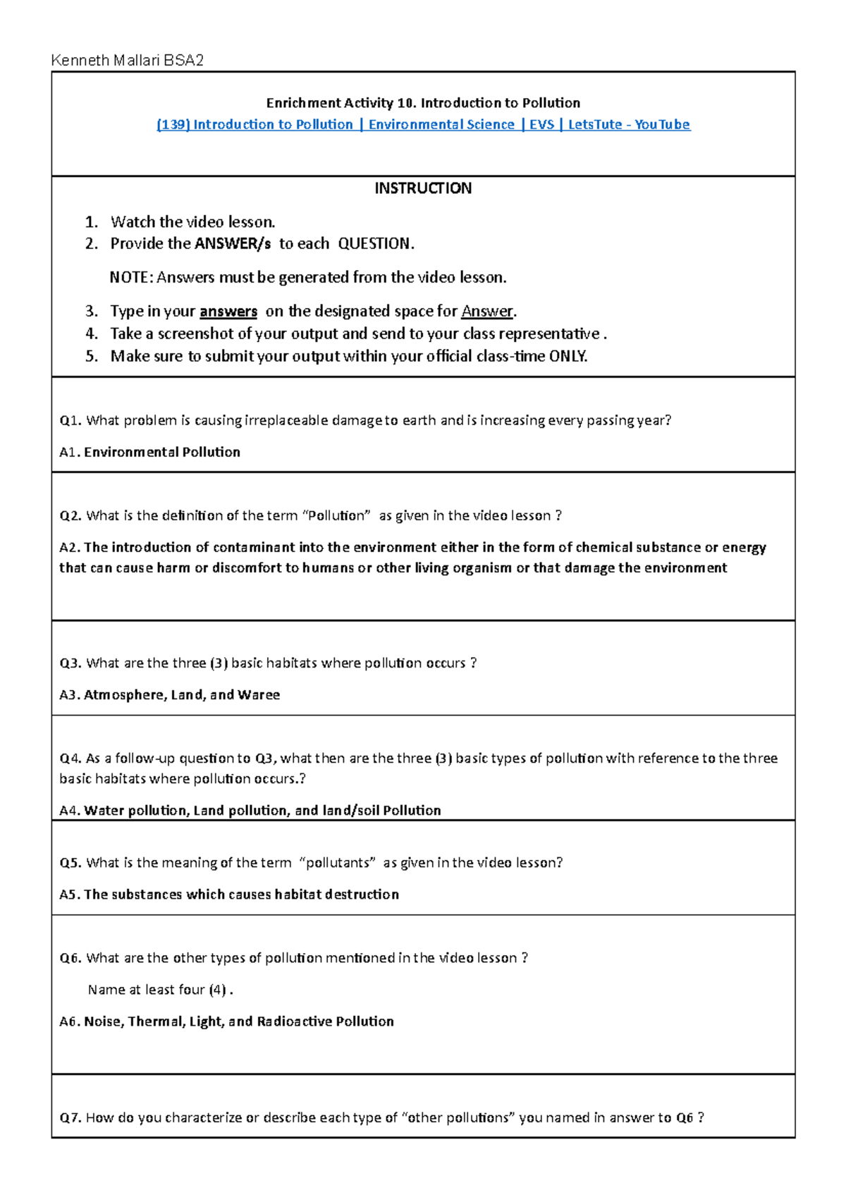 Copy of Enrichment Activity 10. Introduction to Pollution. Questions ...