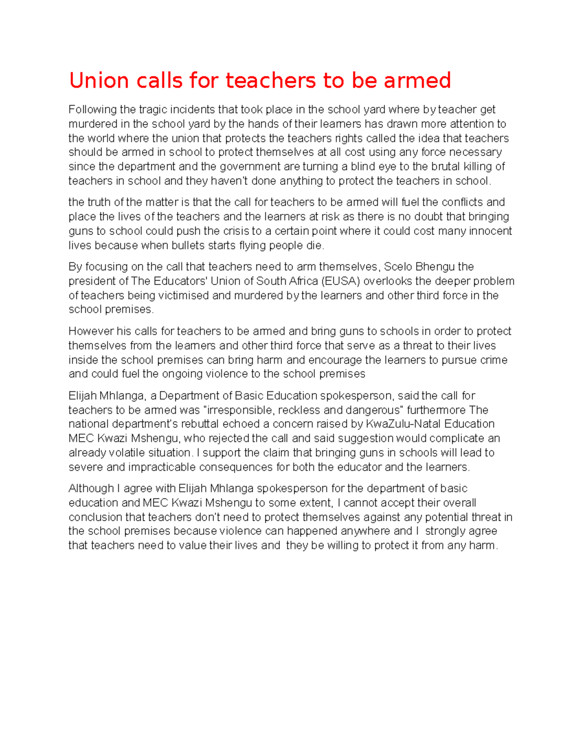 JLZ argumentative essay - Union calls for teachers to be armed ...