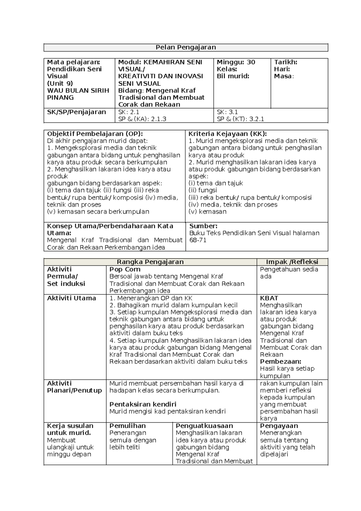 RPH UNIT 9 - RPH - Pelan Pengajaran Mata pelajaran: Pendidikan Seni Visual (Unit 9) WAU BULAN ...