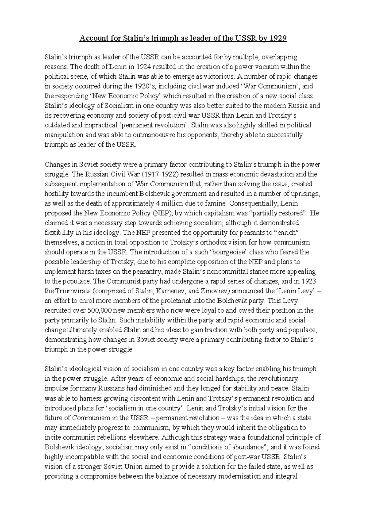 Account for Stalin's triumph as leader of the USSR by 1929 essay ...