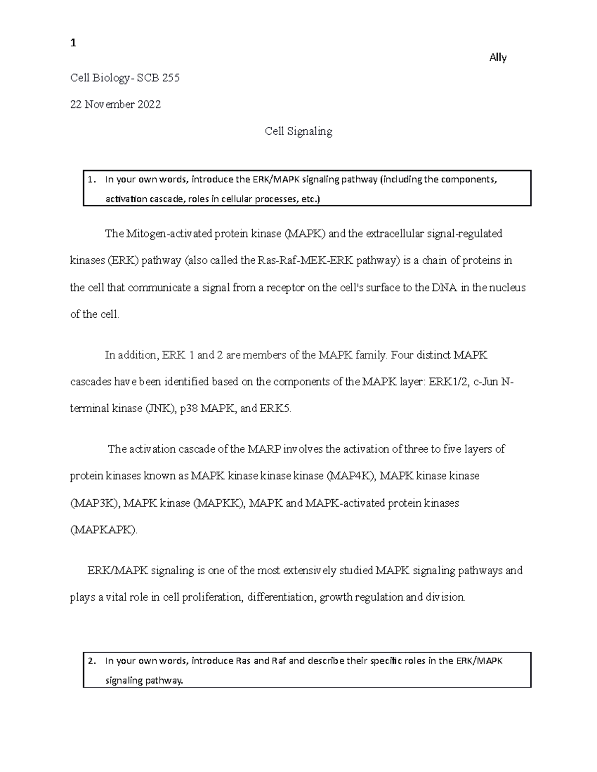 SCB 255 Assignment 2 cell signalling - Ally Cell Biology- SCB 255 22 ...
