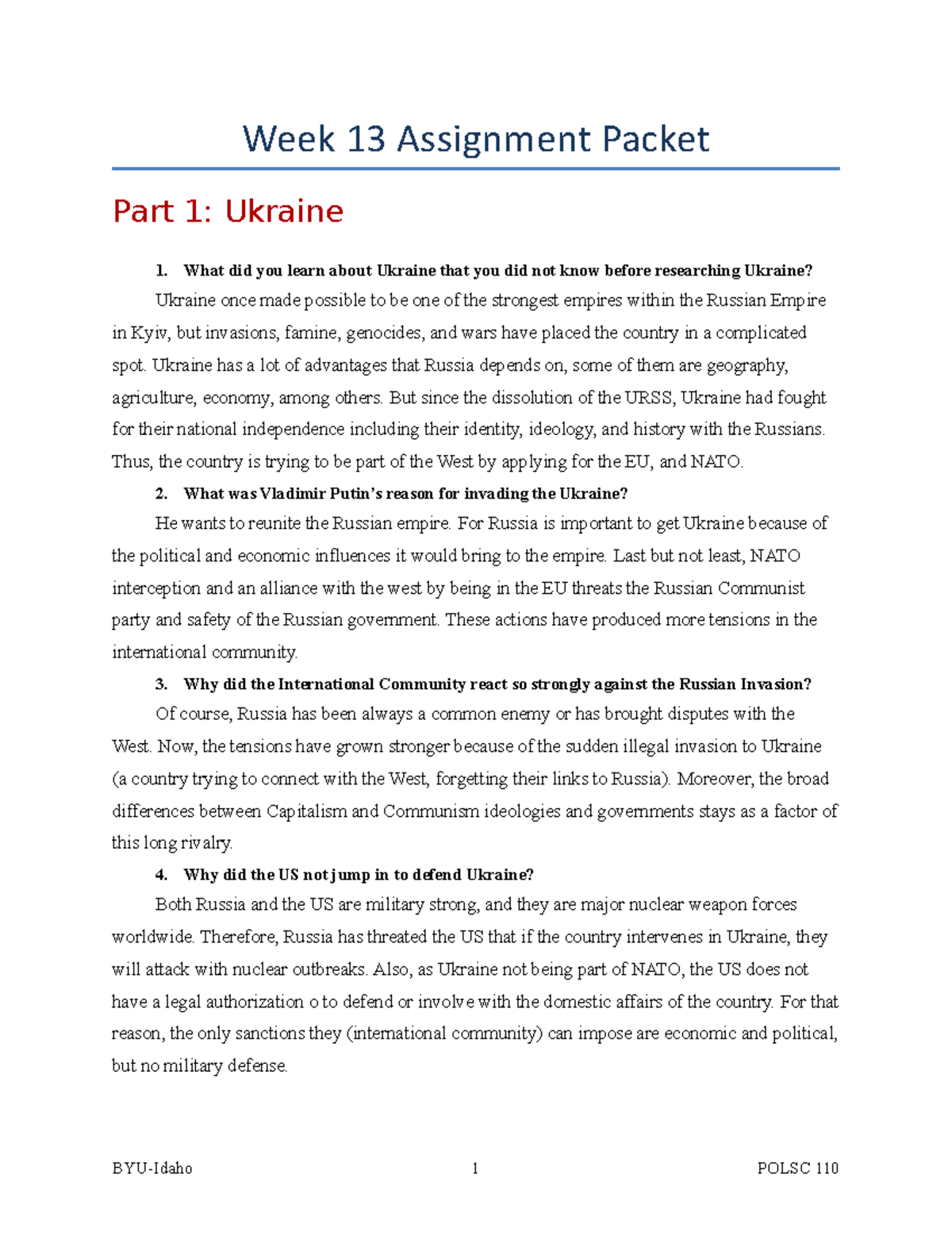Week13Assignment Workshee - Week 13 Assignment Packet Part 1: Ukraine What did you learn about ...