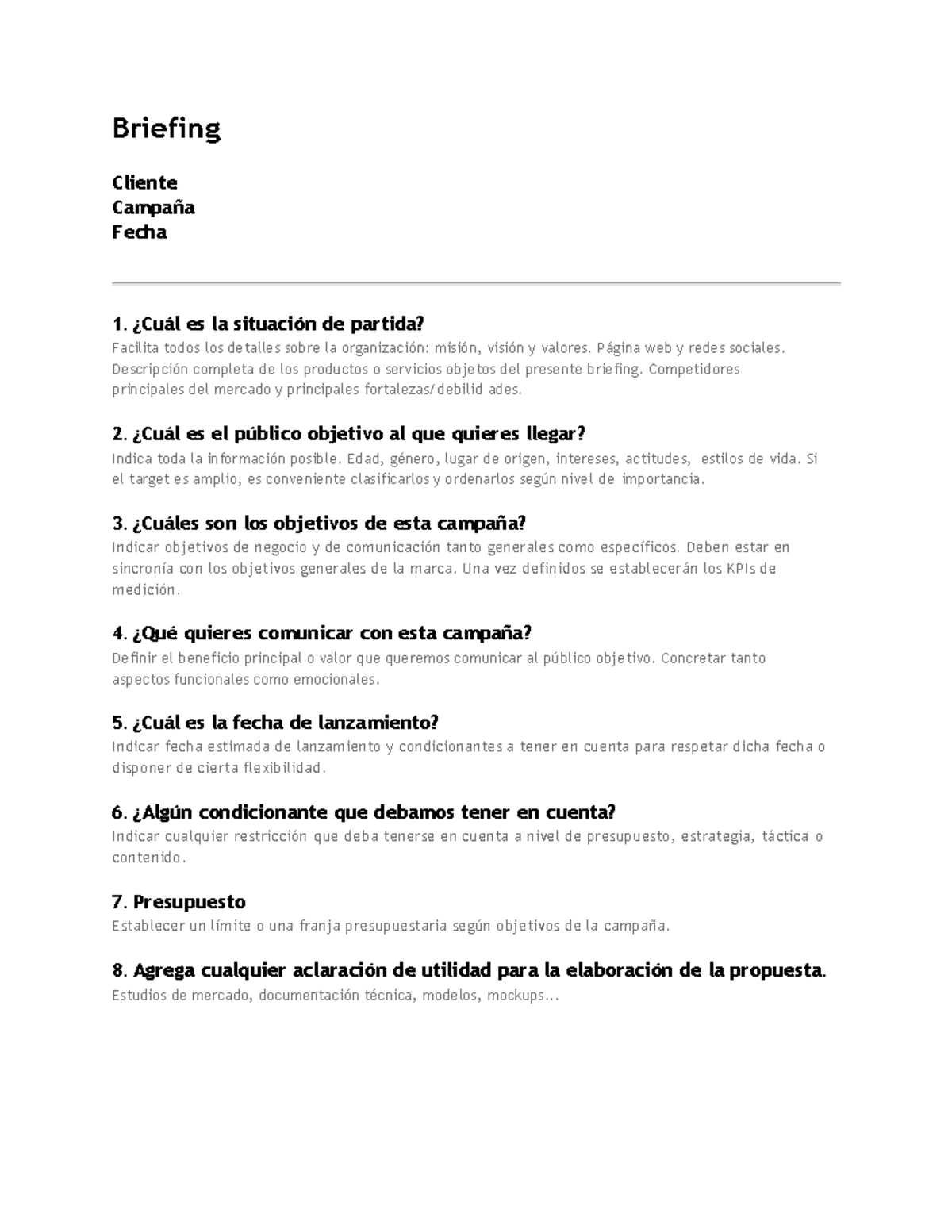 Plantillas para brief - Actividad - Briefing Cliente Campaña Fecha 1 ...