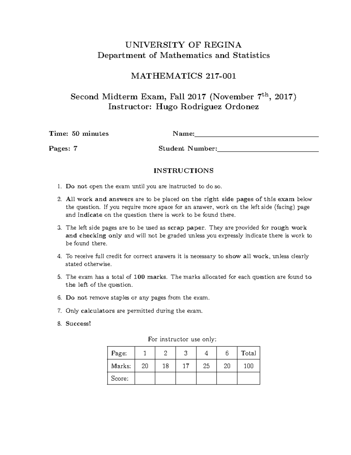 Midterm 2 Answers - UNIVERSITY OF REGINA Department of Mathematics and Statistics MATHEMATICS ...