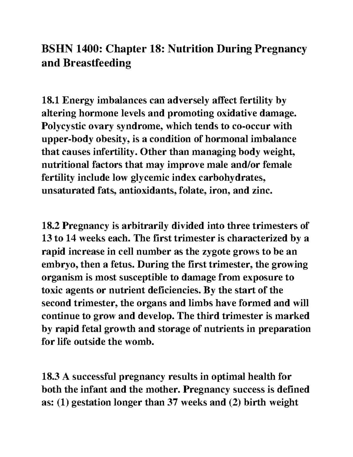 BSHN 1400- Chapter 18 Nutrition During Pregnancy and Breastfeeding ...