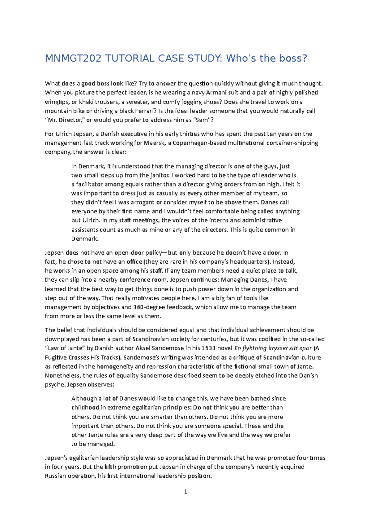 Session 9 Case Study - Whos the boss Student version - MNMGT202 TUTORIAL CASE STUDY: Who’s the ...