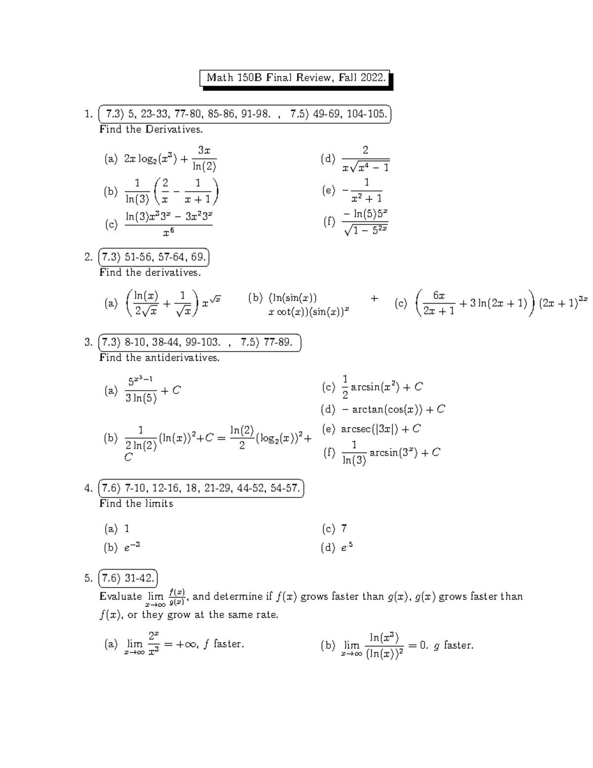 150BReview Fall 2022ANS - Math 150B Final Review, Fall 2022. 1. ☎ 7) 5 ...