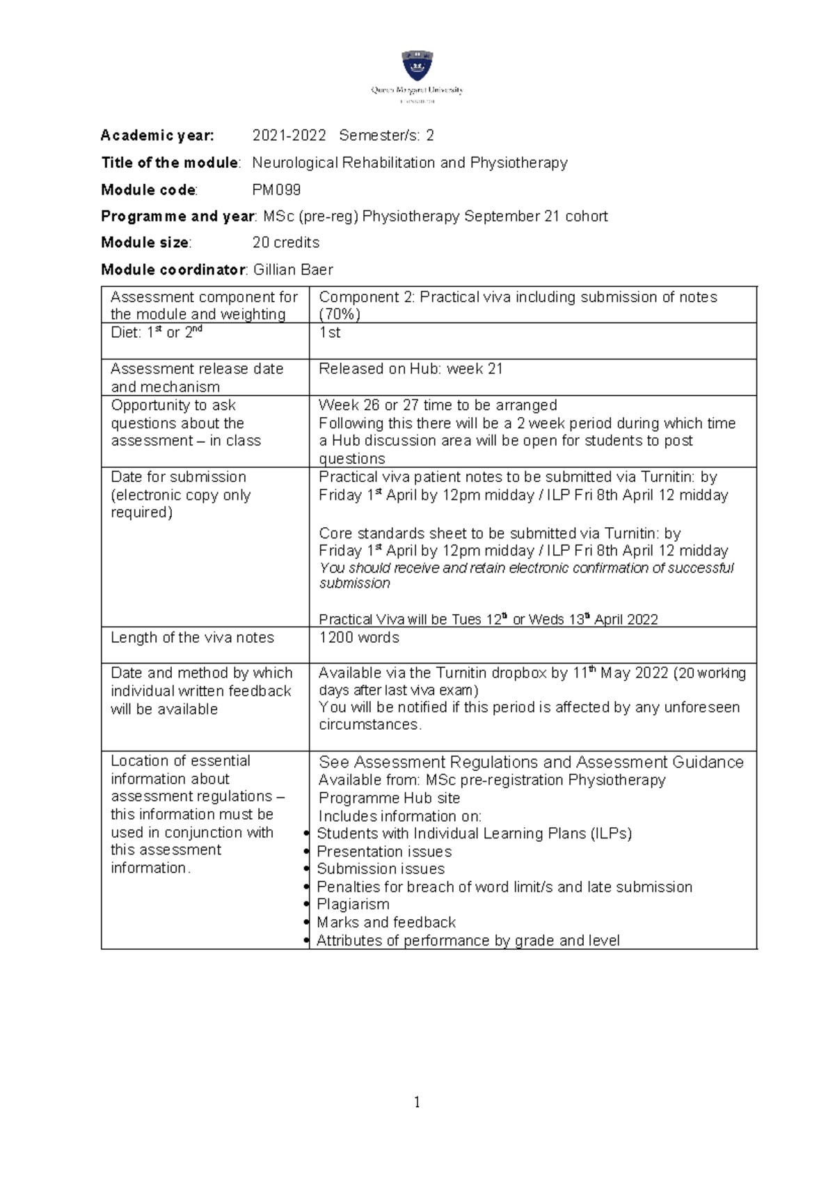 PM099 Clinical Studies 3 Neurological Rehabilitation and Physiotherapy Module Descriptor ...