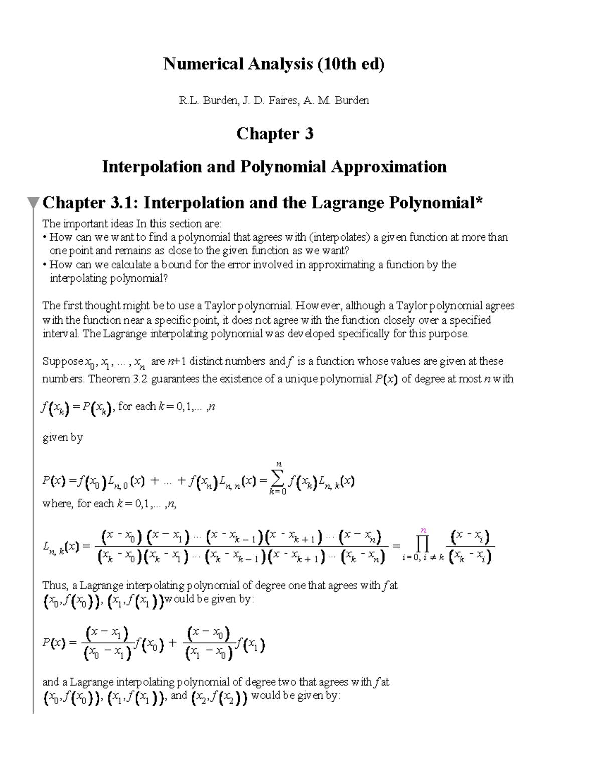 3 - Year Module Chapter Summary 2023 - • • • • Numerical Analysis (10th ed) R. Burden, J. D ...
