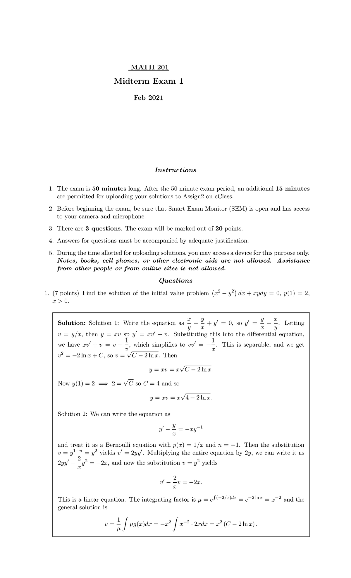 Winter 2021midterm 1 - Midterm syllabus - MATH 201 Midterm Exam 1 Feb ...