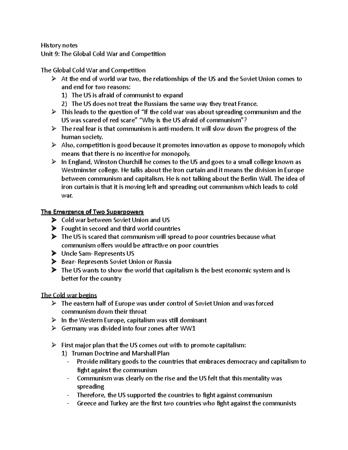 History notes 16 - History notes Unit 9: The Global Cold War and ...