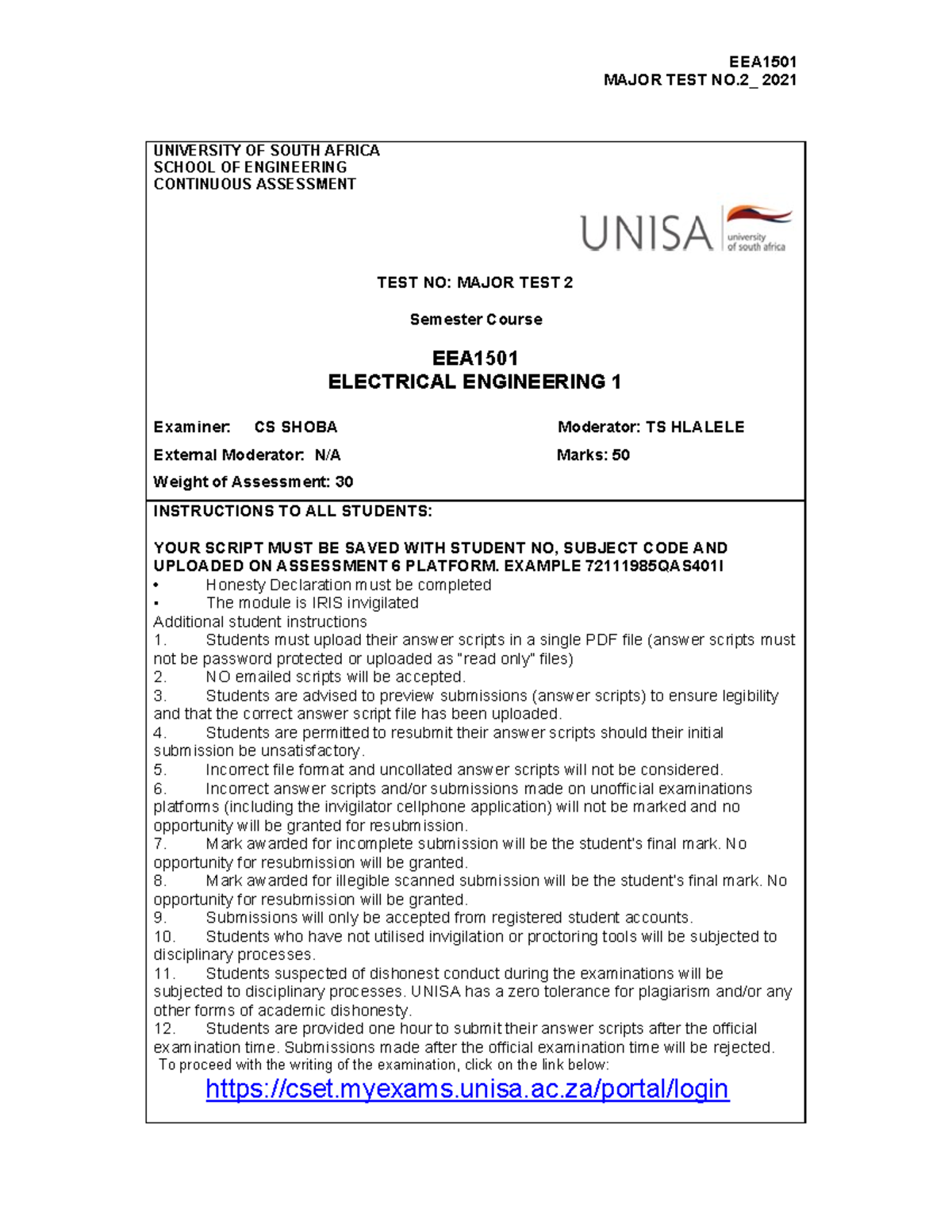 EEA1501 Major TEST 2- 2021 - EEA MAJOR TEST NO_ 2021 UNIVERSITY OF ...