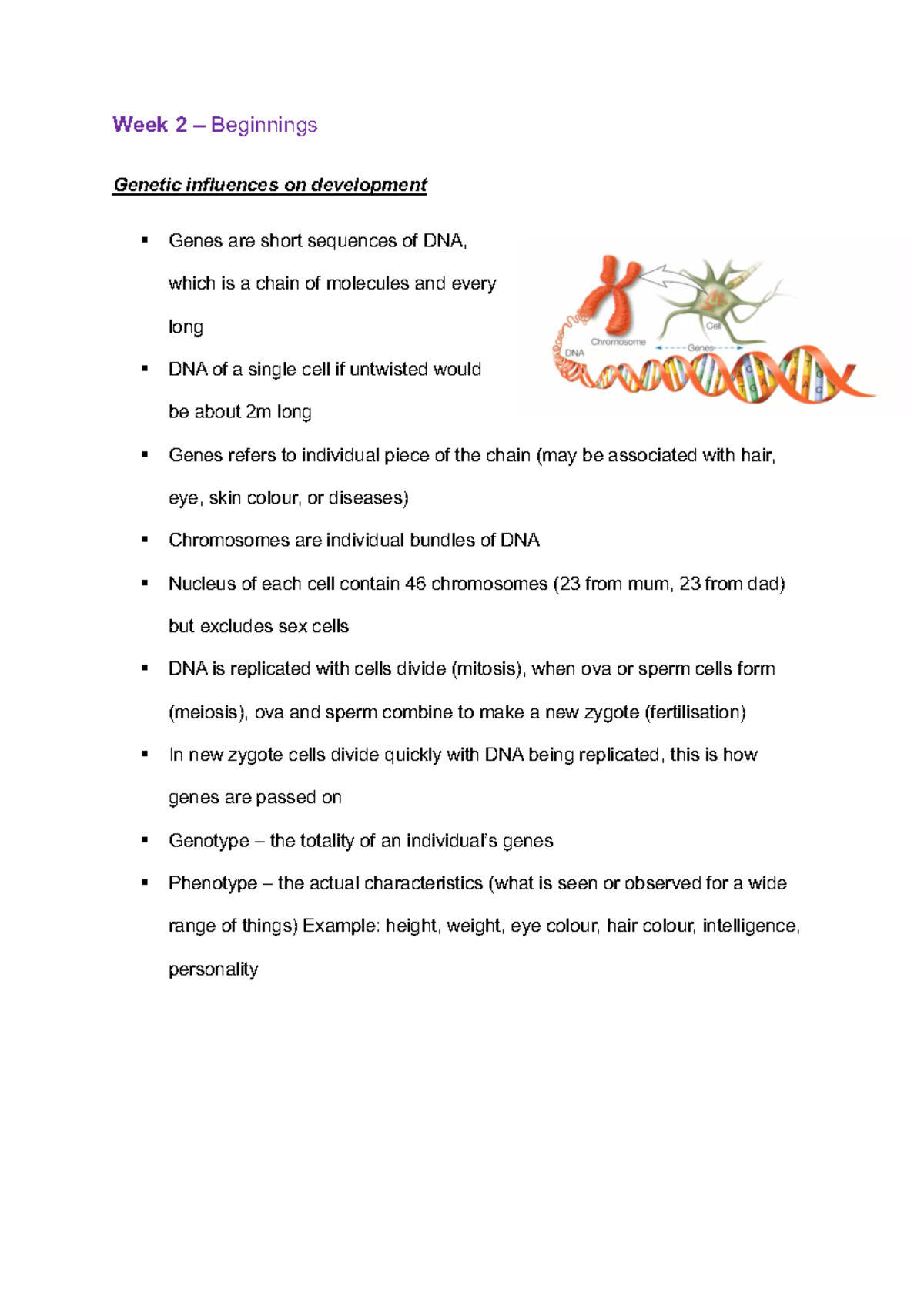 PSY2000 7 Week 2 Notes - Week 2 – Beginnings Genetic influences on ...