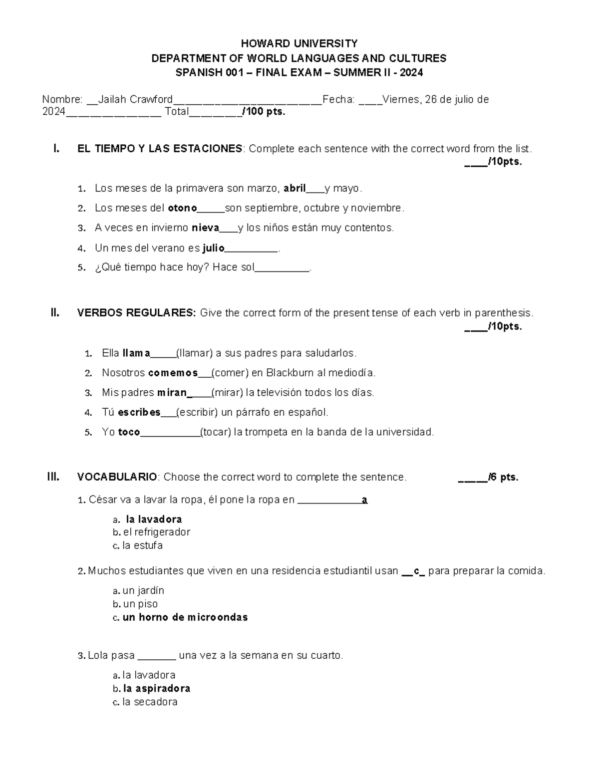 SPAN 001 Final Exam Summer 24 Tristan - HOWARD UNIVERSITY DEPARTMENT OF ...