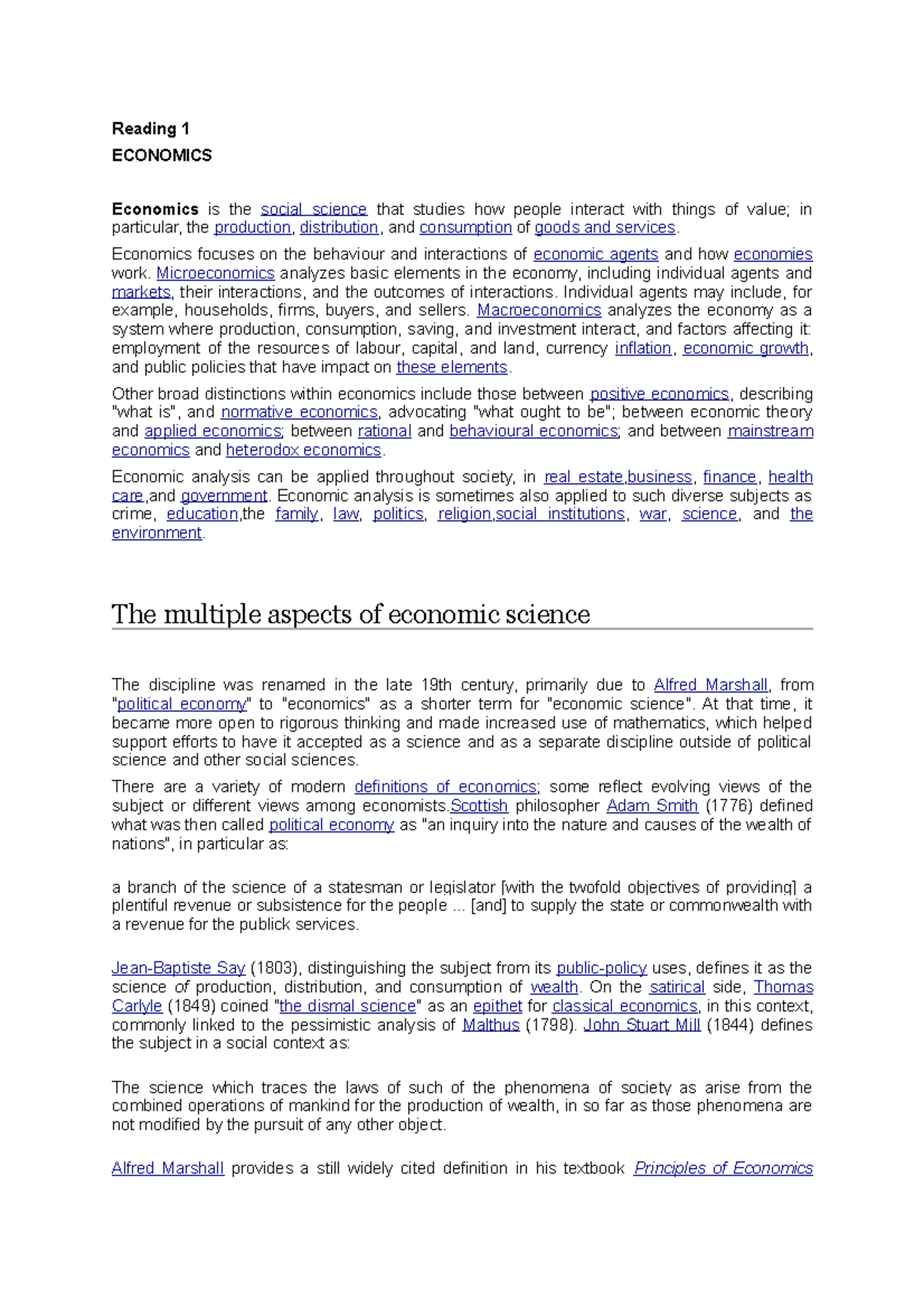 economics, and more - Reading 1 ECONOMICS Economics is the social ...