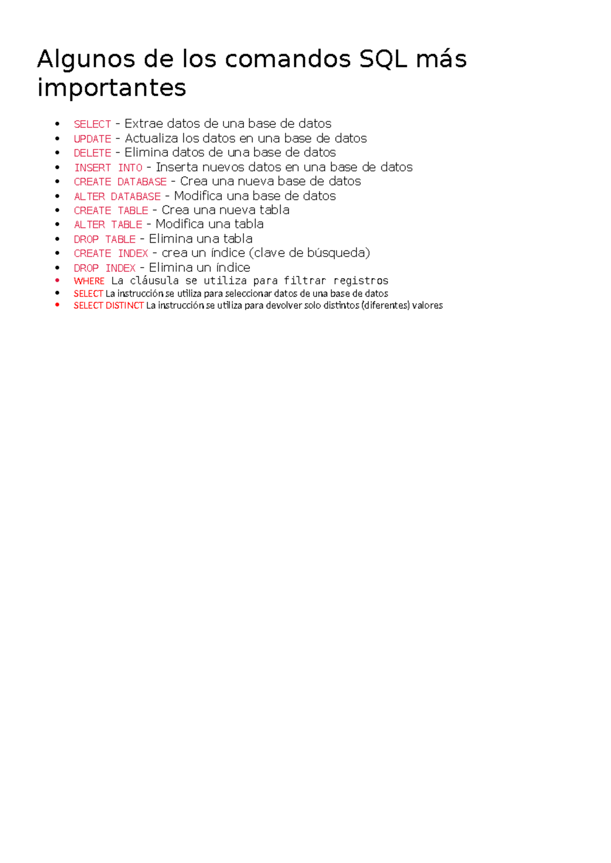 Algunos de los comandos SQL más importantes - Algunos de los comandos ...