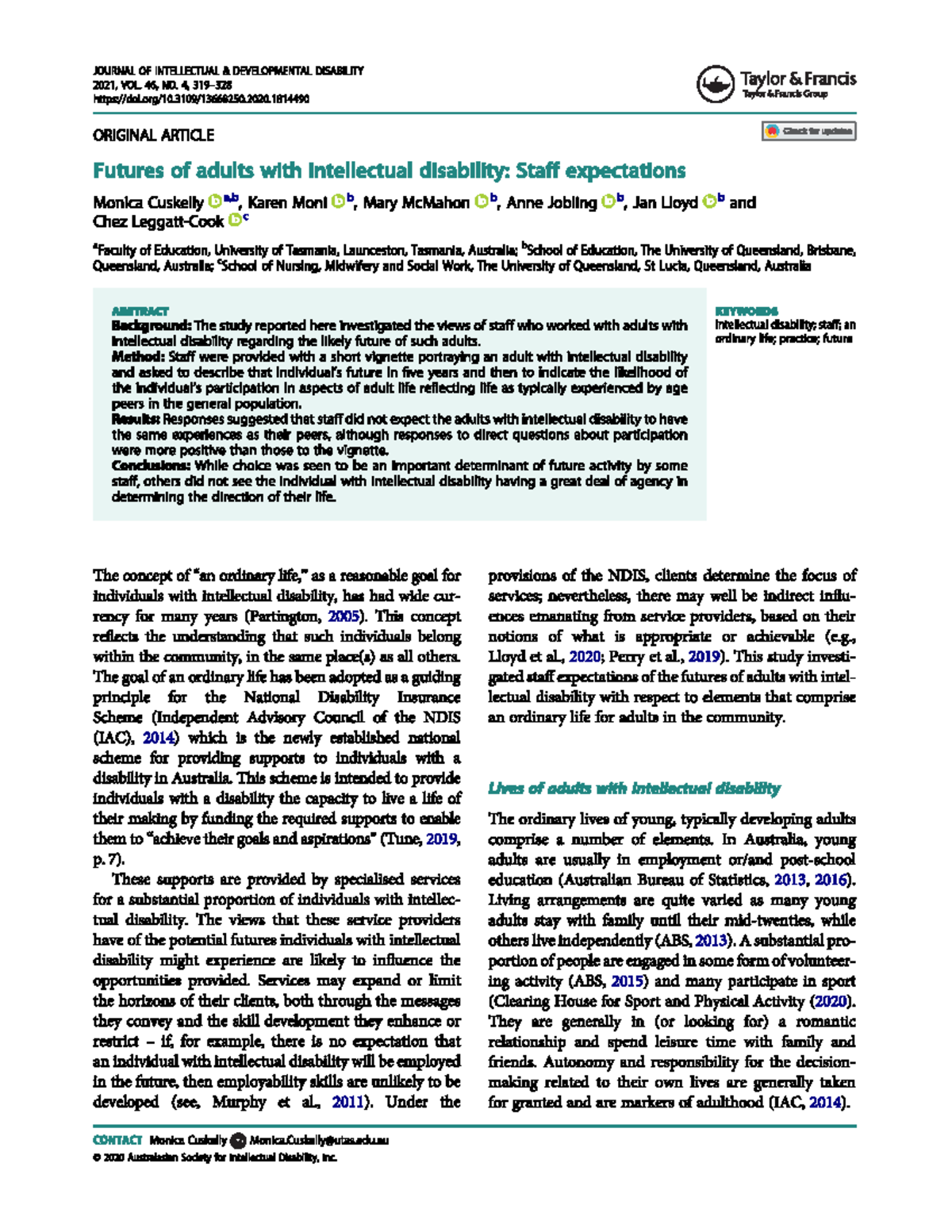 Future OF Adults WITH Intellectual Disability - PS124 - Studocu