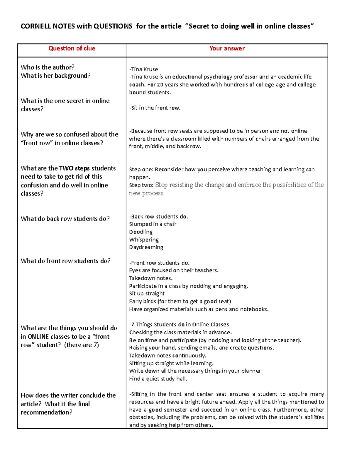 Questions for the Notes for the article on success in online class ...