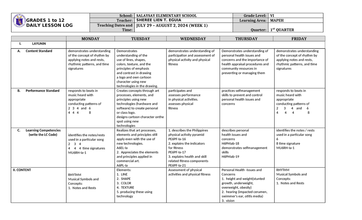 DLL Mapeh-6 Q1 W1 - Daily Lesson Log Quarter 1 Week 1 - GRADES 1 to 12 DAILY LESSON LOG School ...