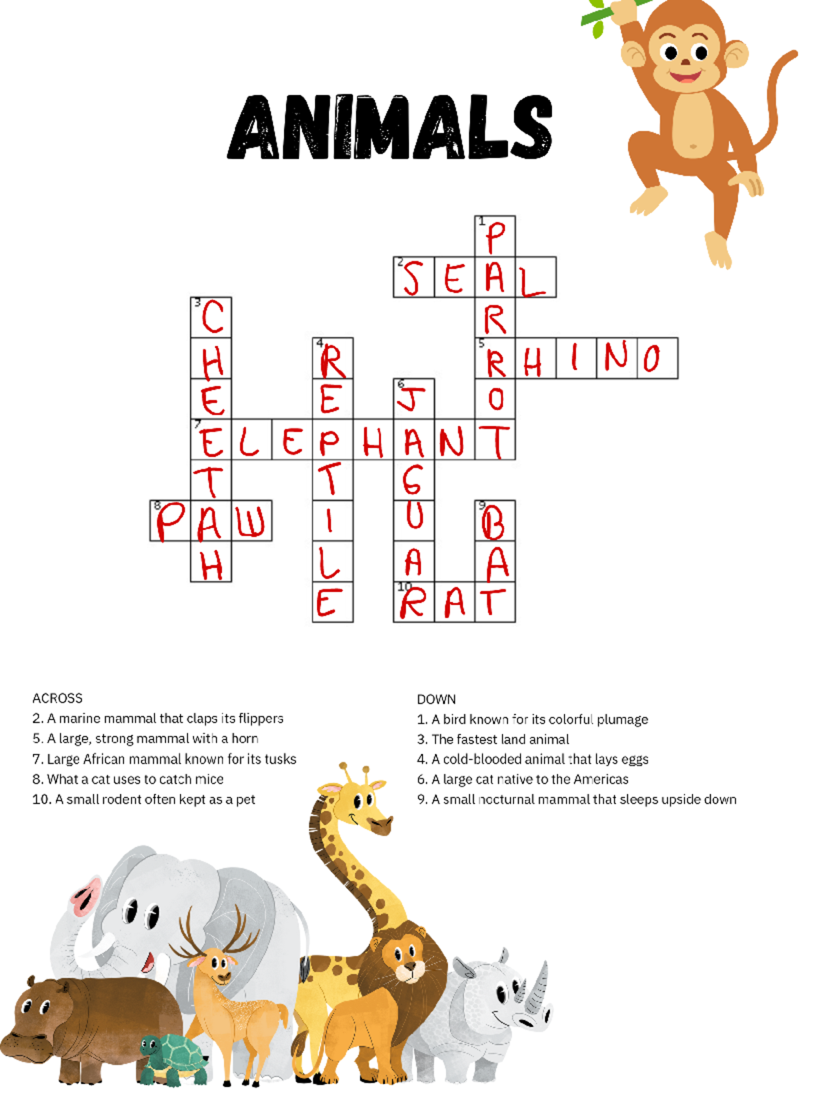 Crossword set key - ANIMALS 1 p 2 SEAL 3 C R 4 5 H R RHINO E E 0 ...
