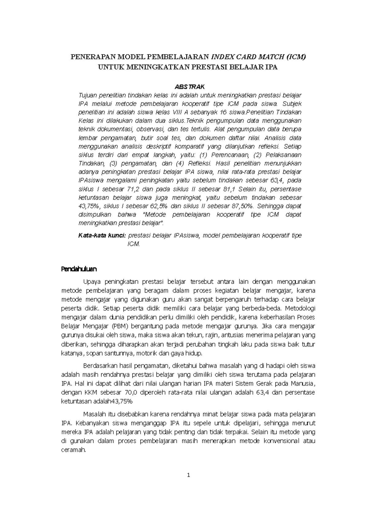 Penerapan Model Pembelajaran Index CARD Match (ICM) Untuk Meningkatkan ...