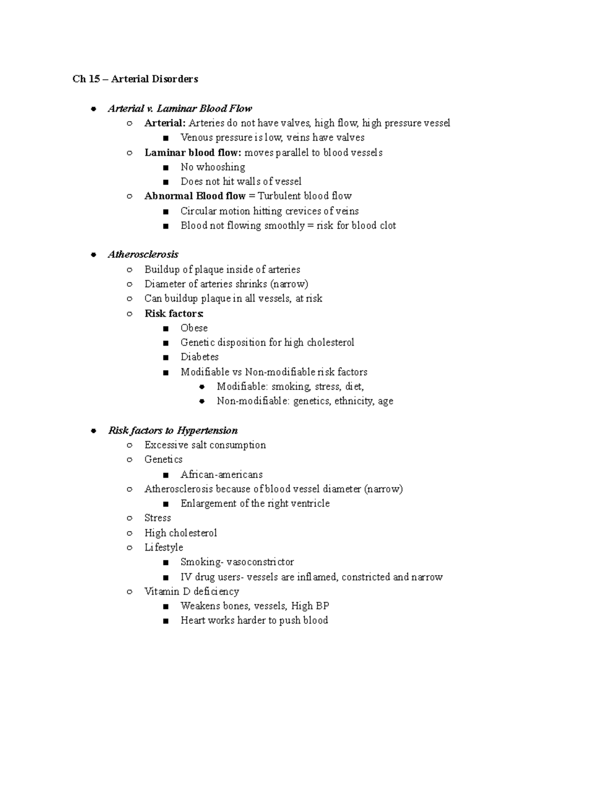 Ch 15, 16, 17, 19 Heart Disorders Notes - Ch 15 – Arterial Disorders ...