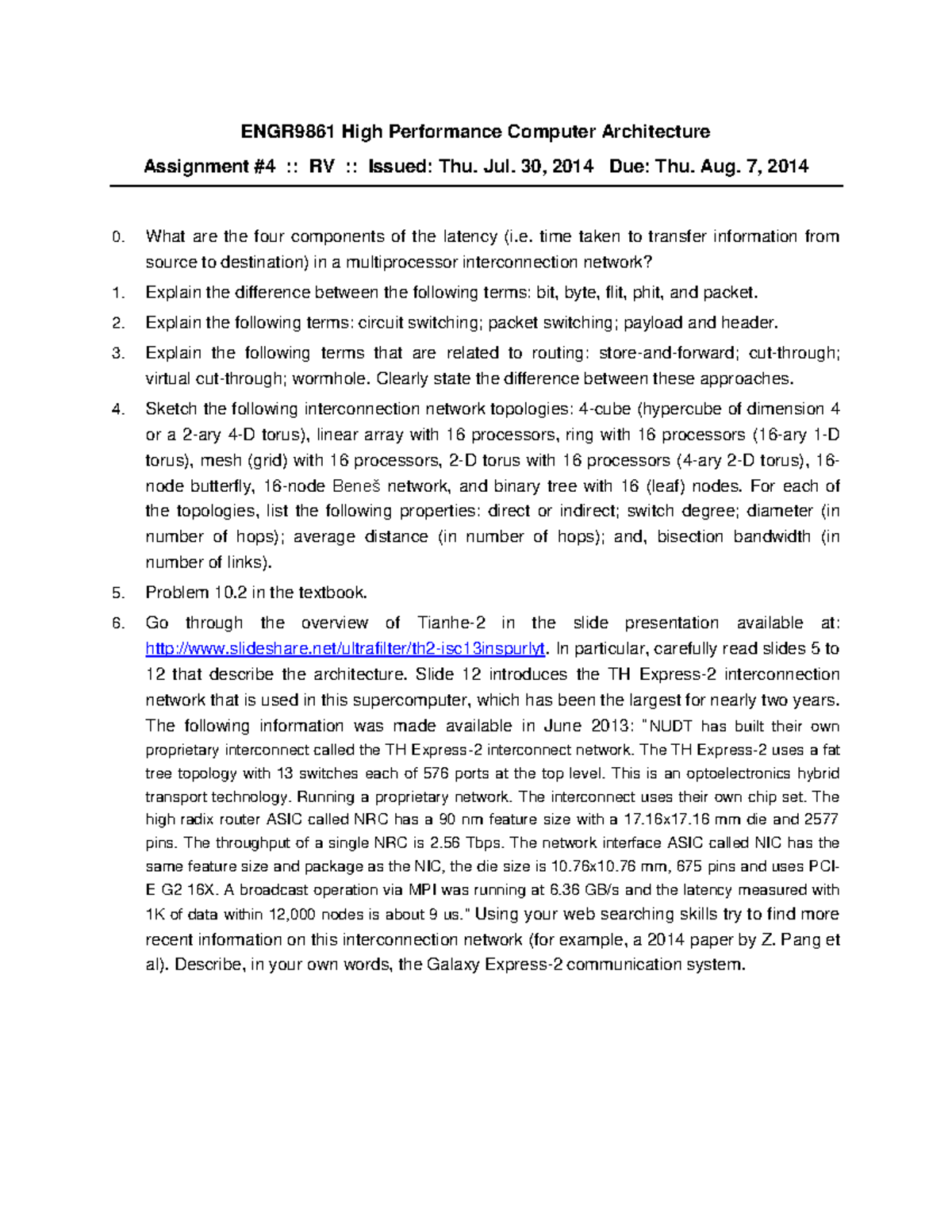 Assign #4 2014 - ENGR9861 High Performance Computer Architecture Assignment #4 :: RV :: Issued ...