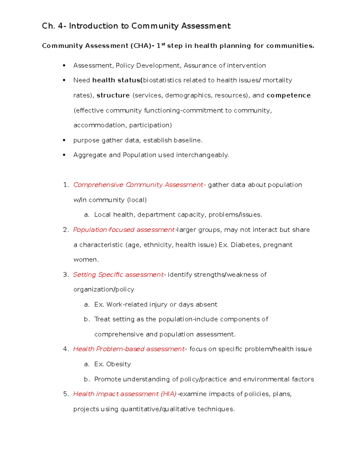 Ch. 4-Comm health - Study guide - Community Assessment (CHA)- 1st step ...