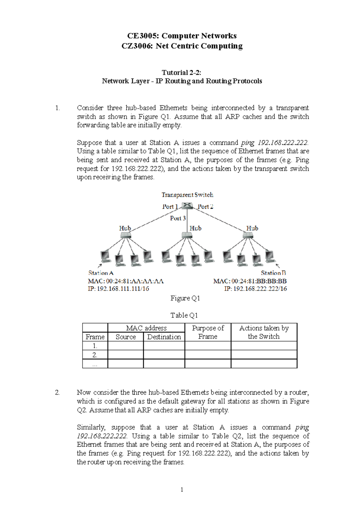 IP Routing practice - 1 CE3005: Computer Networks CZ3006: Net Centric Computing Tutorial 2-2 ...