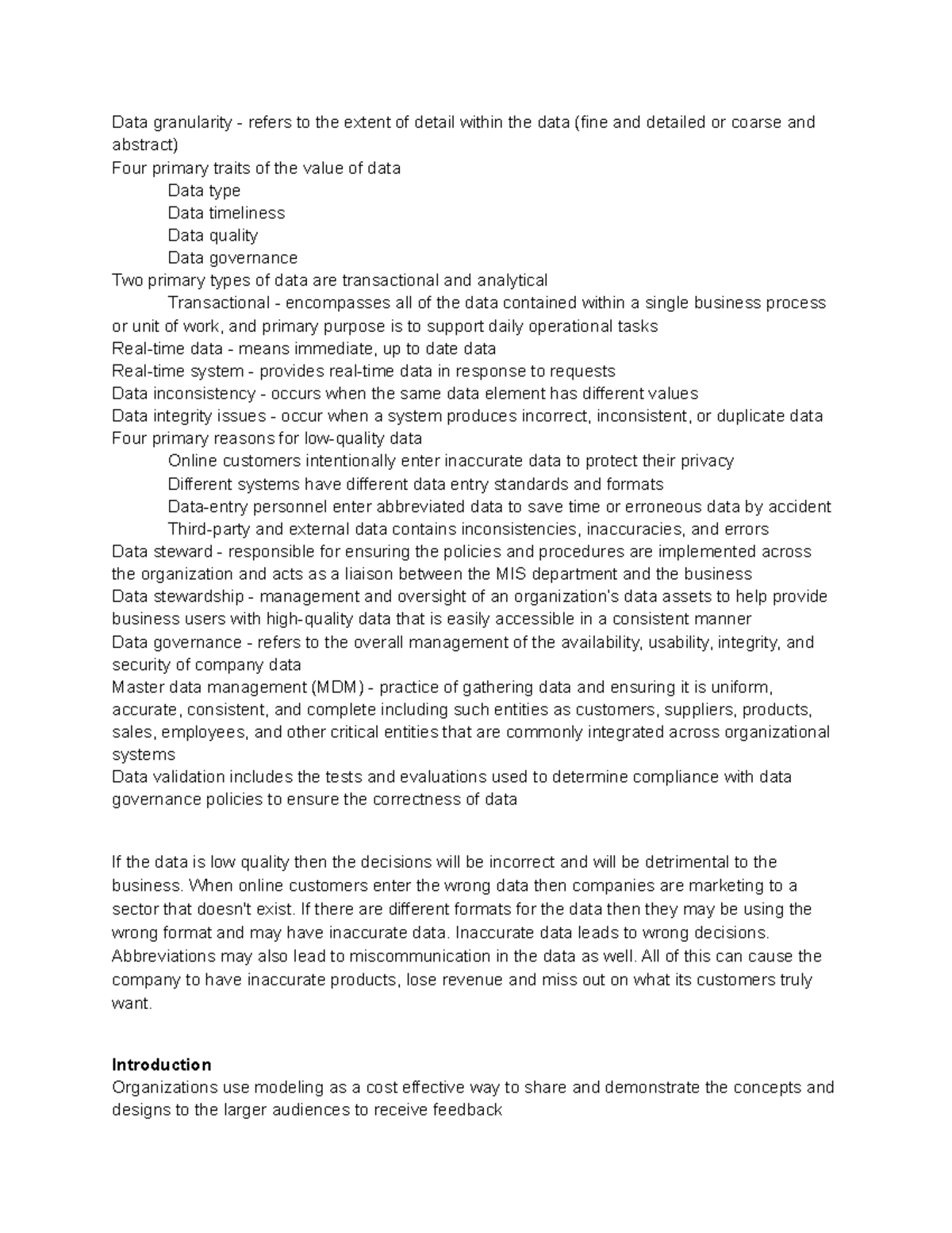 Test 3 - Data and Data Analysis - Data granularity - refers to the ...