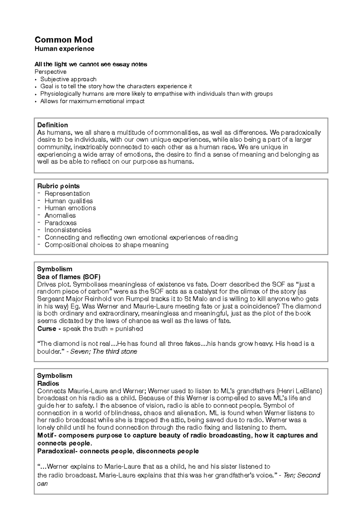 Common mod notes - Common Mod Human experience All the light we cannot ...