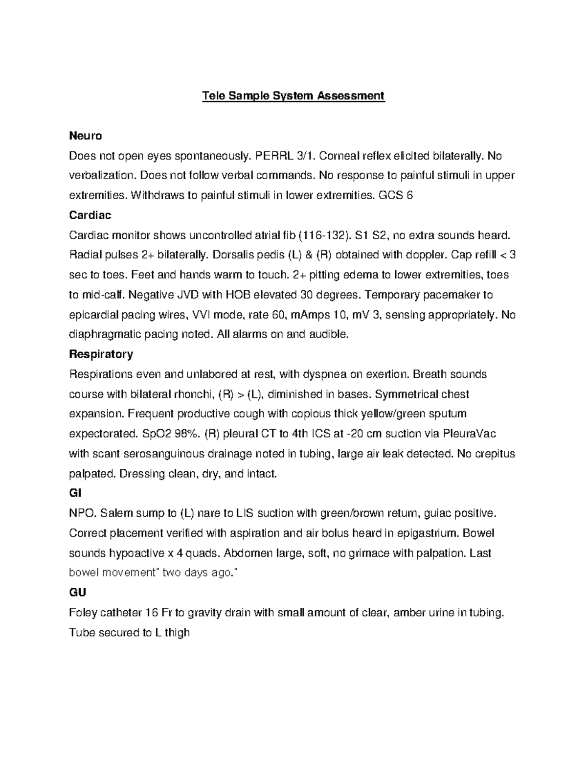 Tele Sample Assessment - Tele Sample System Assessment Neuro Does not ...