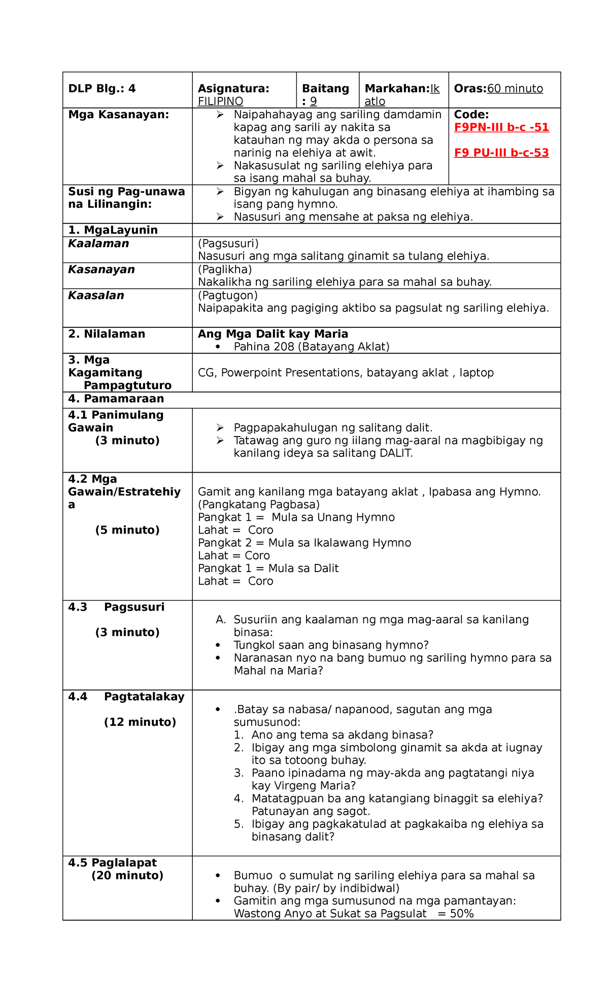 Dlp Elehiya # 4 - NONE - DLP Blg.: 4 Asignatura: FILIPINO Baitang : 9 ...