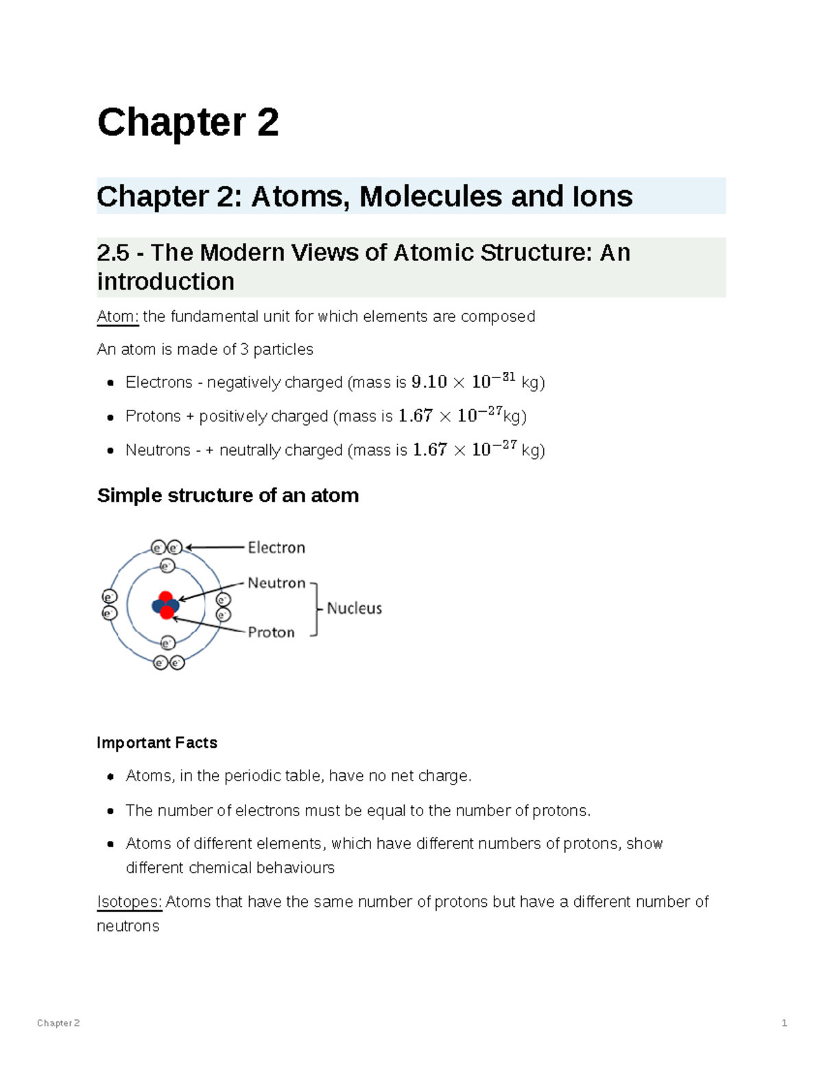 Chemistry Notes Chapter 2 - Chapter 2 Chapter 2: Atoms, Molecules and ...