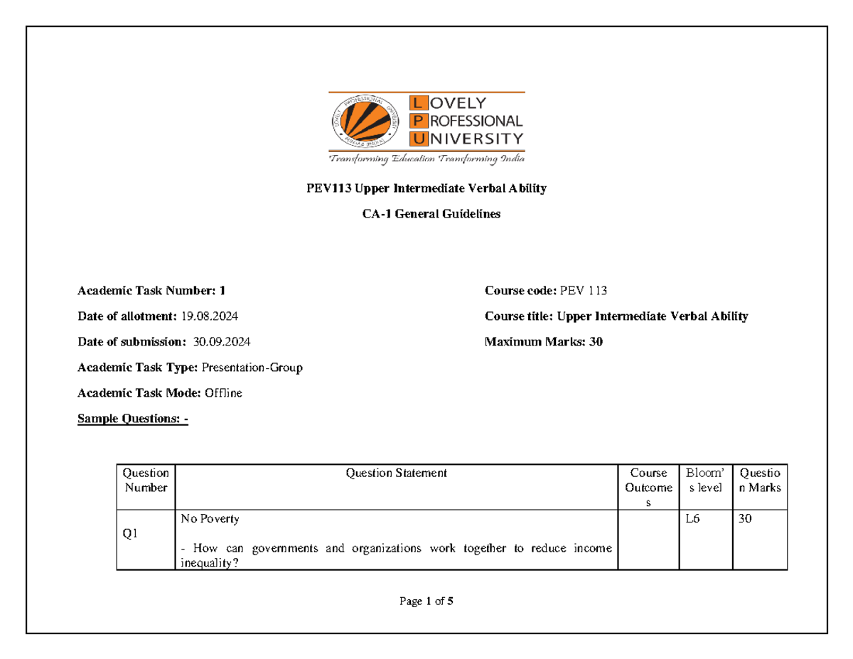 Sample CA1 PEV 113 - notes of pev113 - PEV113 Upper Intermediate Verbal ...