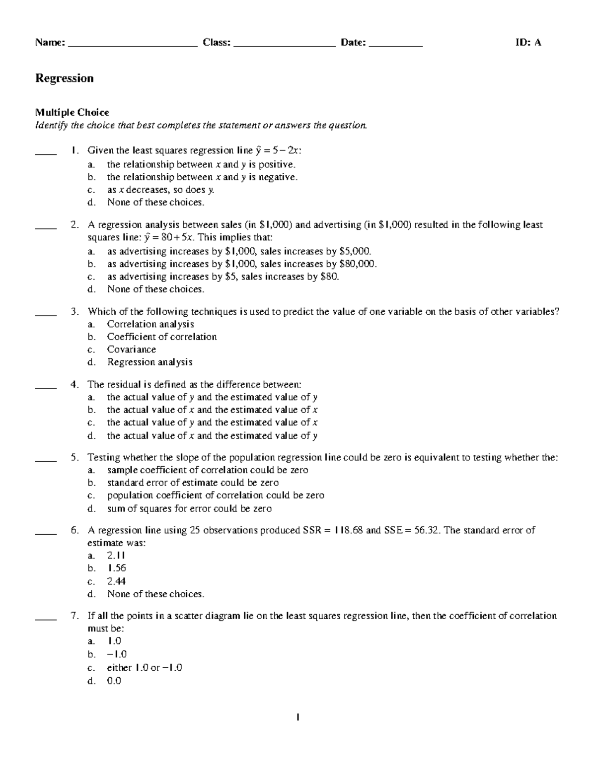 Regression Analysis Dseweqweqw Name Class
