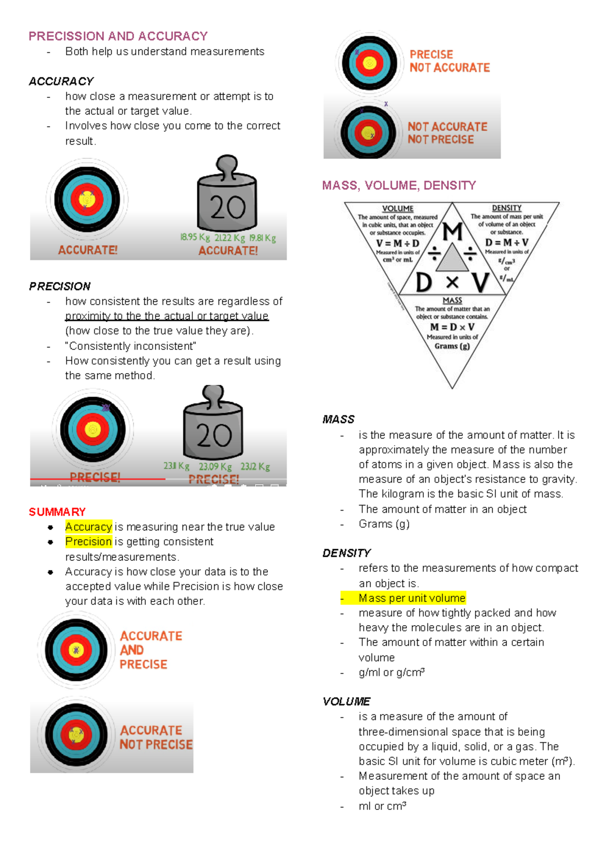CHEM advanced reading - PRECISION AND ACCURACY; MASS, VOLUME, DENSITY ...