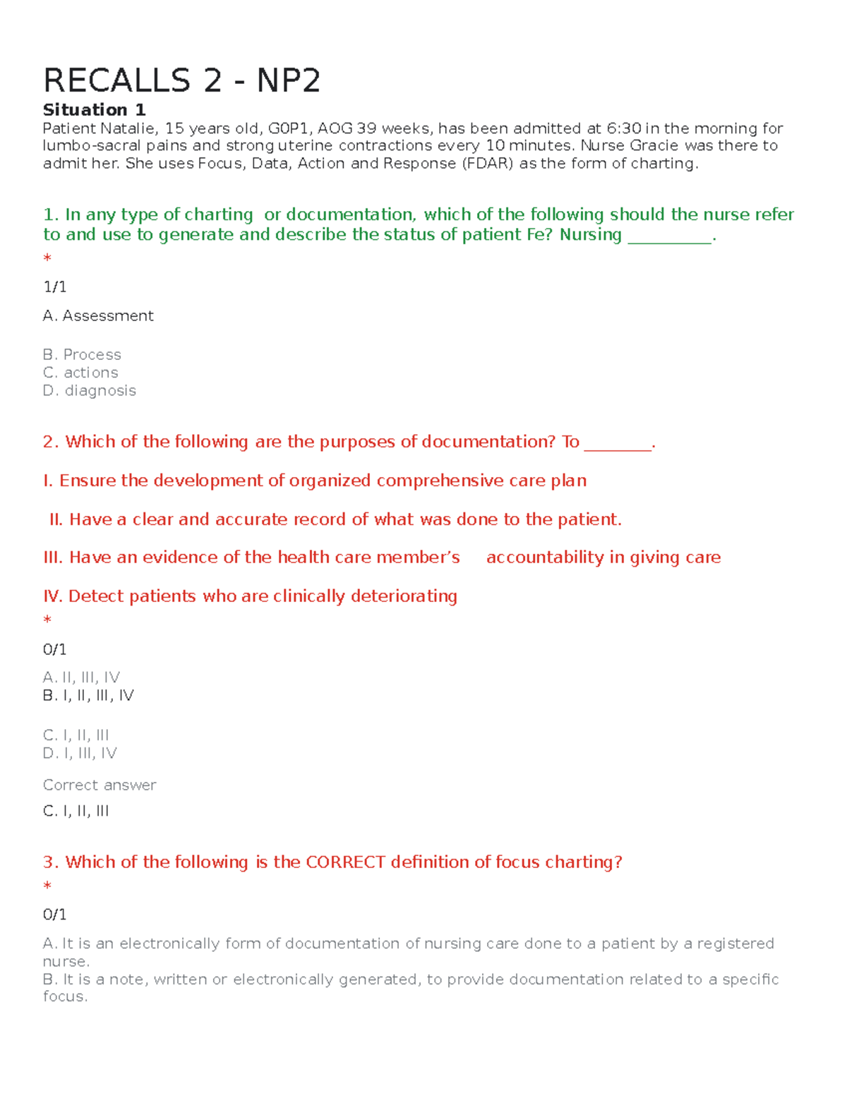 NP2 SAMPLE QUESTIONS - RECALLS 2 - NP Situation 1 Patient Natalie, 15 ...