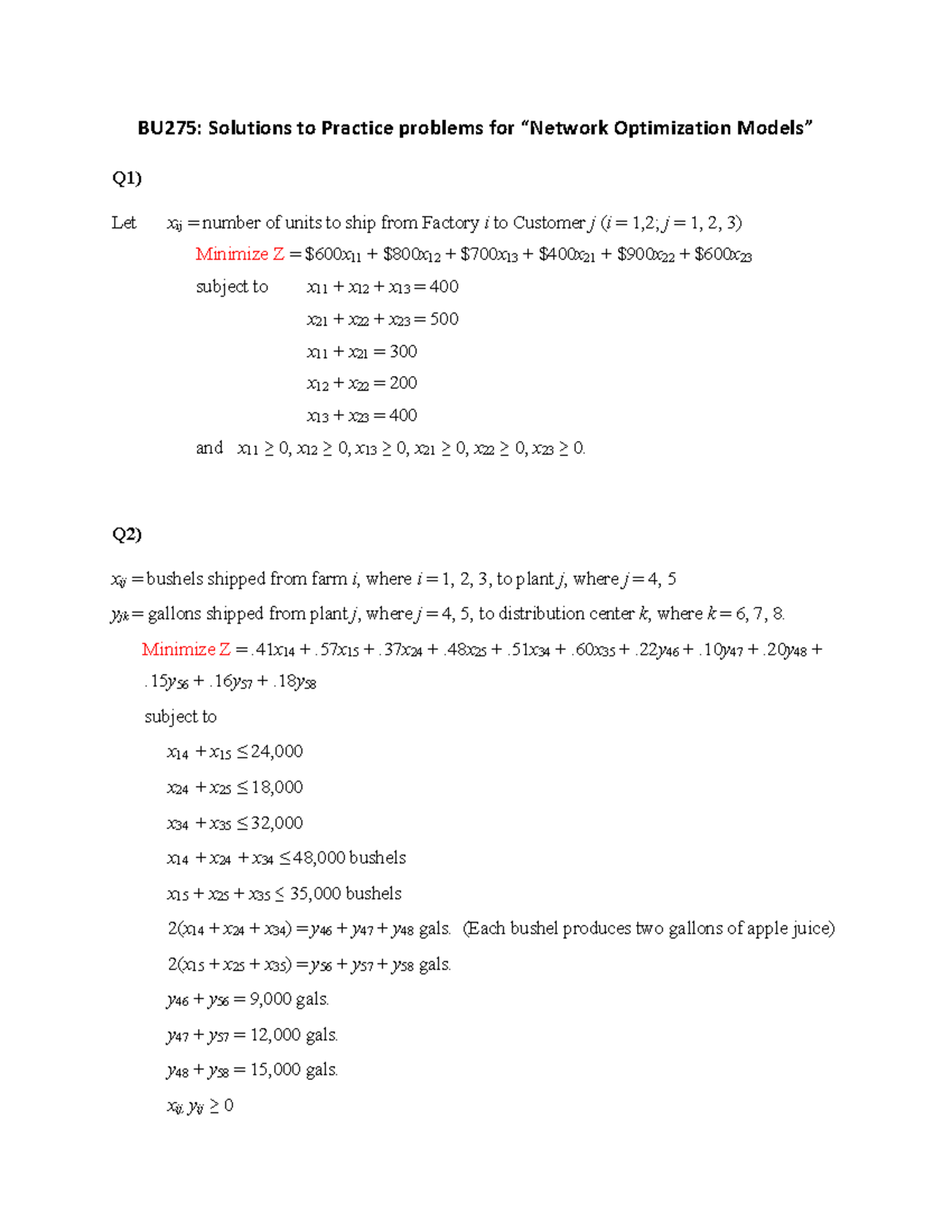 Solutions Network Optimization - BU275: Solutions to Practice problems for