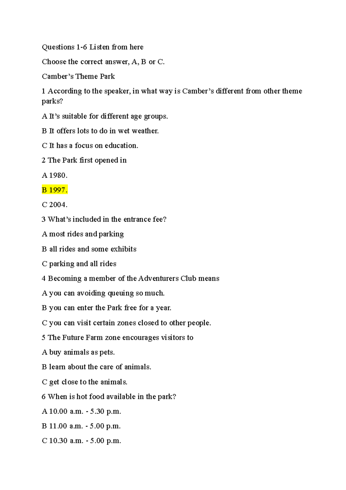 Questions 1 - abc - Questions 1-6 Listen from here Choose the correct ...