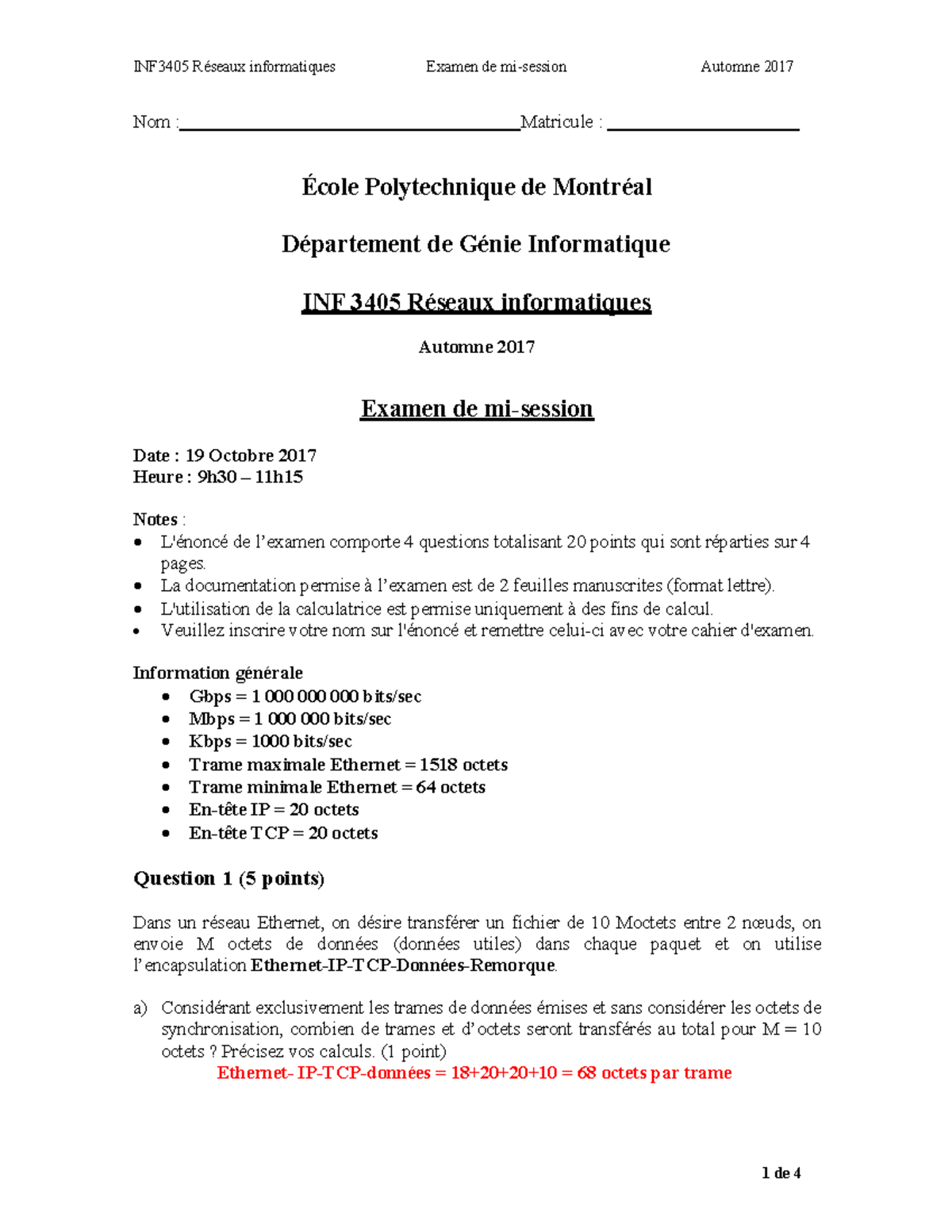Intra-A17-INF3405 Solution - Nom : Matricule : École Polytechnique de Montréal Département de ...