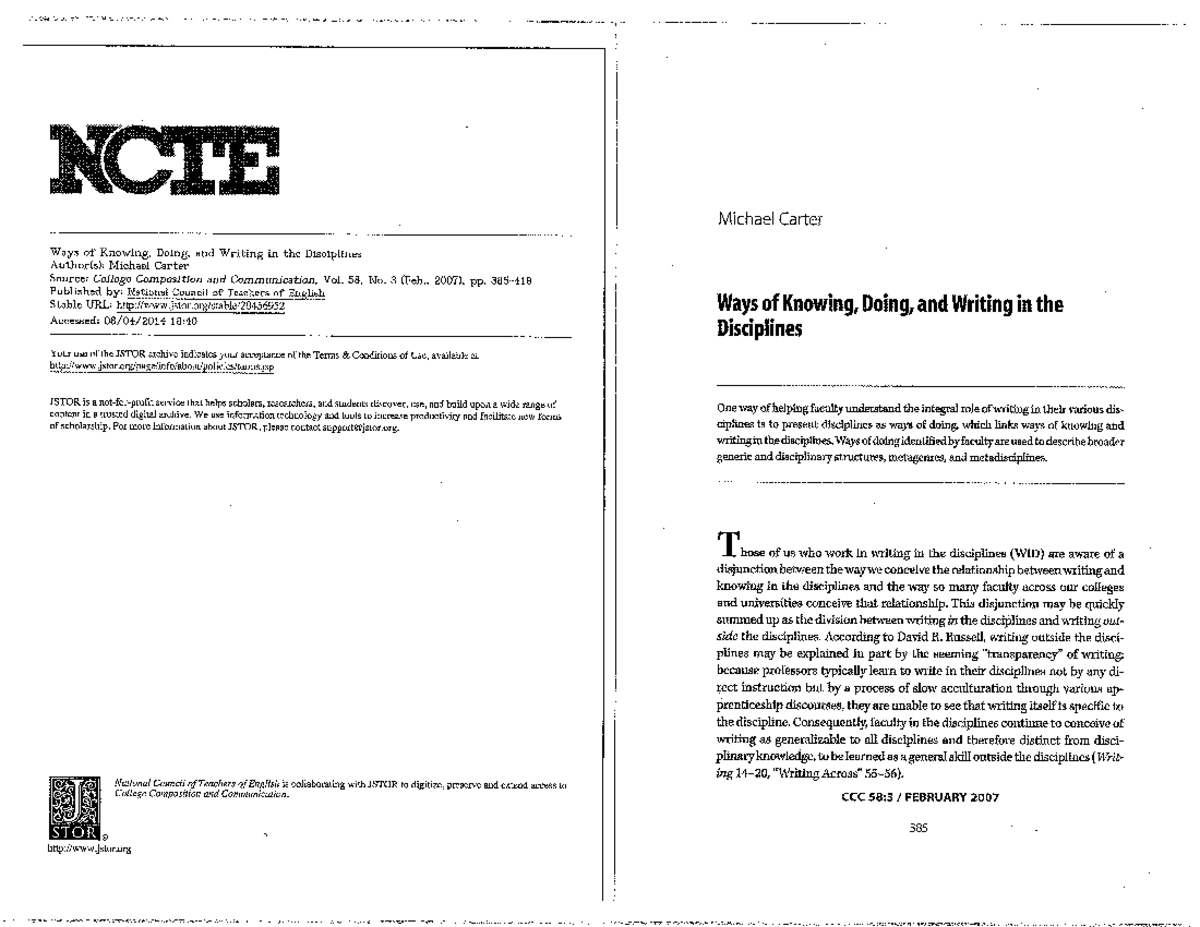 Carter Ways Of Knowing Doing Writing In Disciplines - COLWRIT R1A - Studocu