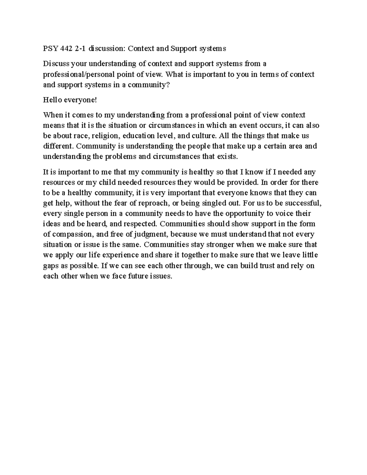 PSY 442 2-1 discussion Context and support systems - PSY 442 2-1 ...