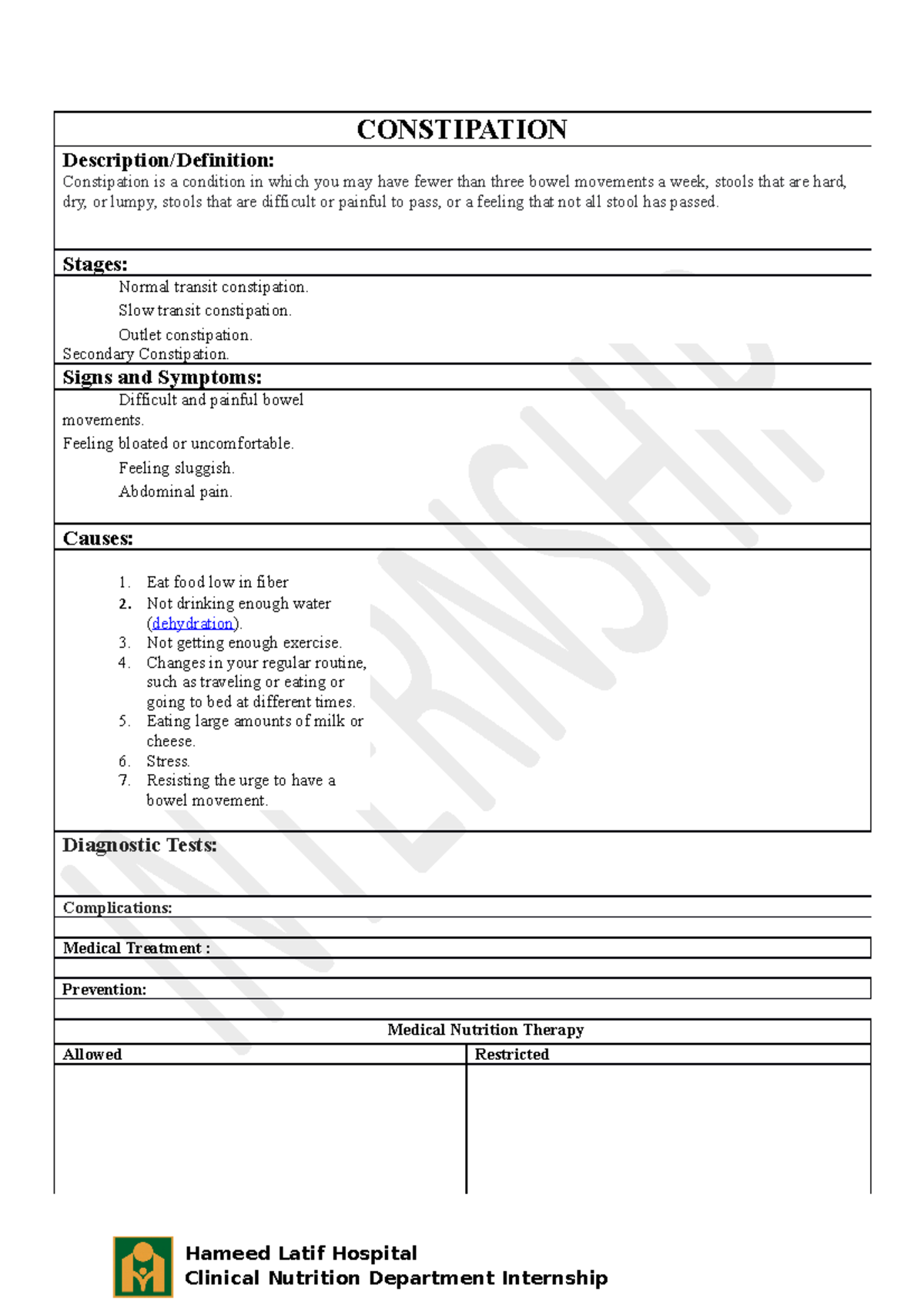 Disease sheet Constipation - Hameed Latif Hospital Clinical Nutrition ...