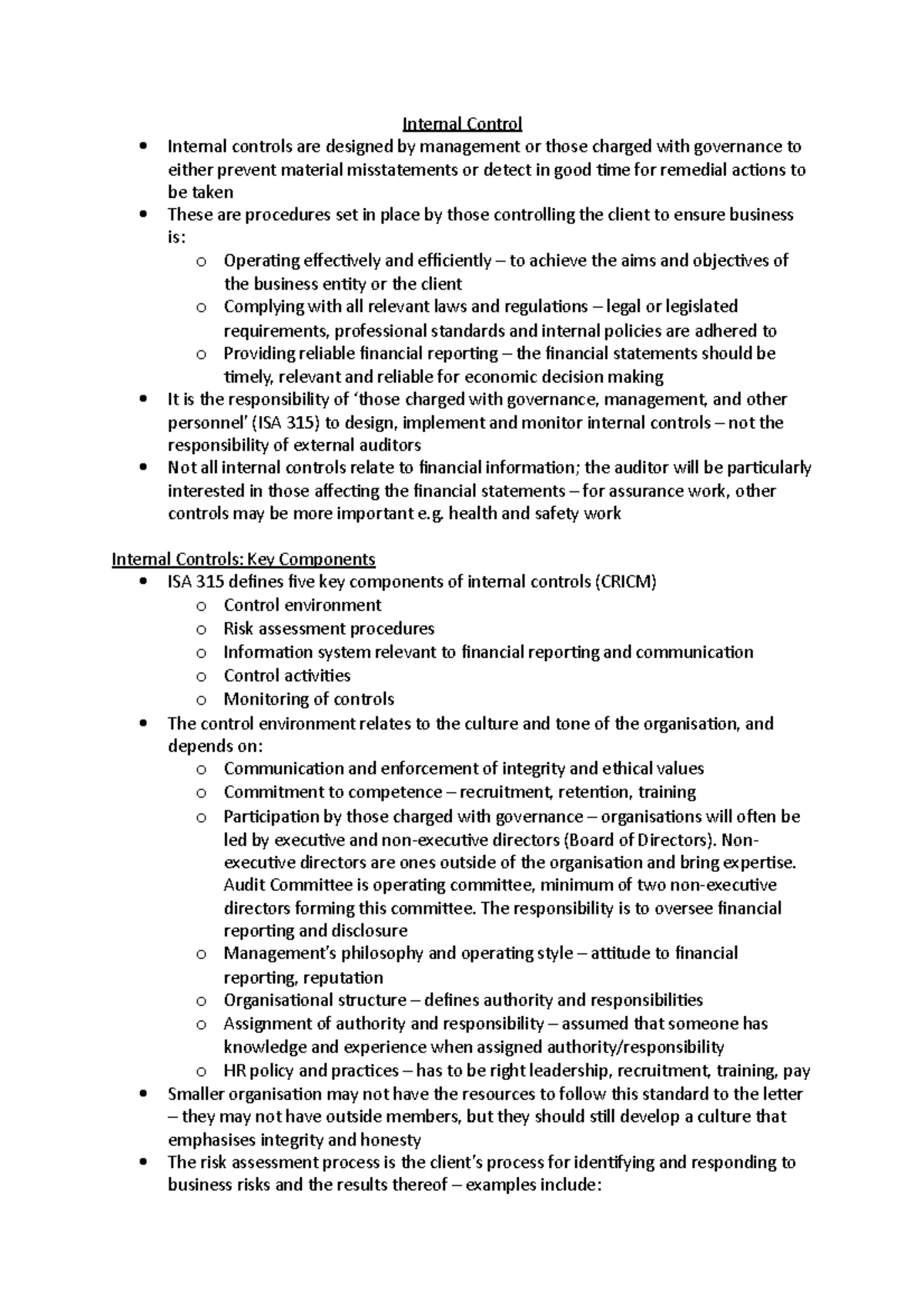 Internal Control Notes - Internal Control Internal controls are ...