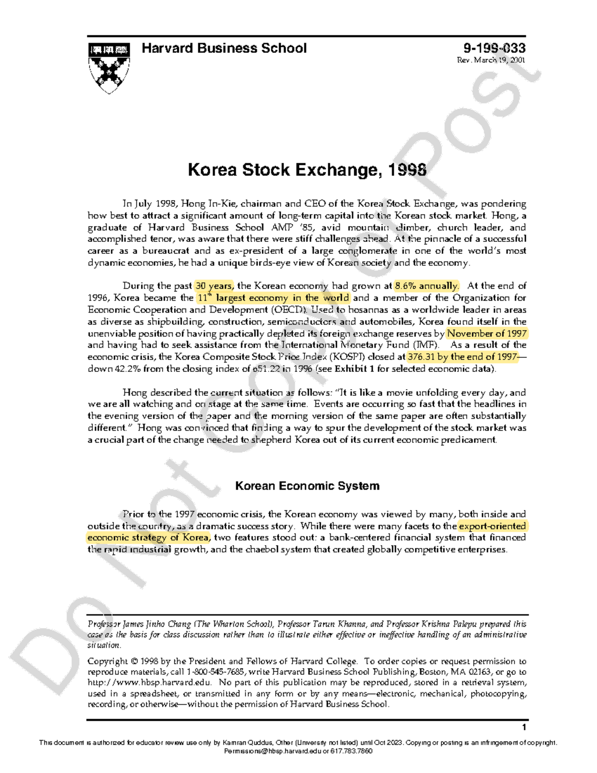 Korea Stock Exchange - CASE STUDY - Harvard Business School 9-199- Rev. March 19, 2001 Professor ...