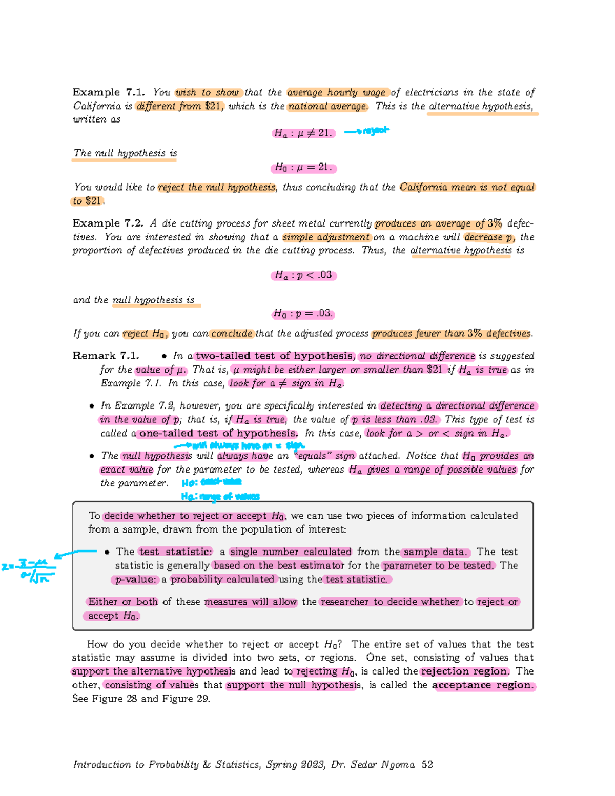 Lecture Note 2 Large Sample Test Of Hypothesis Example 7 You Wish To Show That The Average