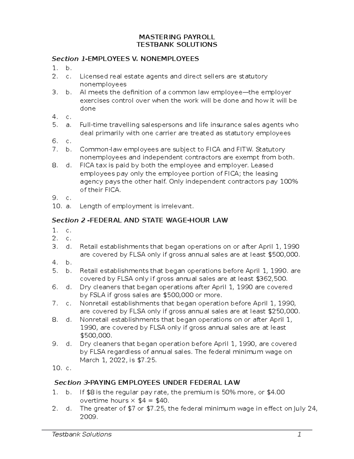 Payroll Class Problems Sec 1-3 Solutions - MASTERING PAYROLL TESTBANK ...