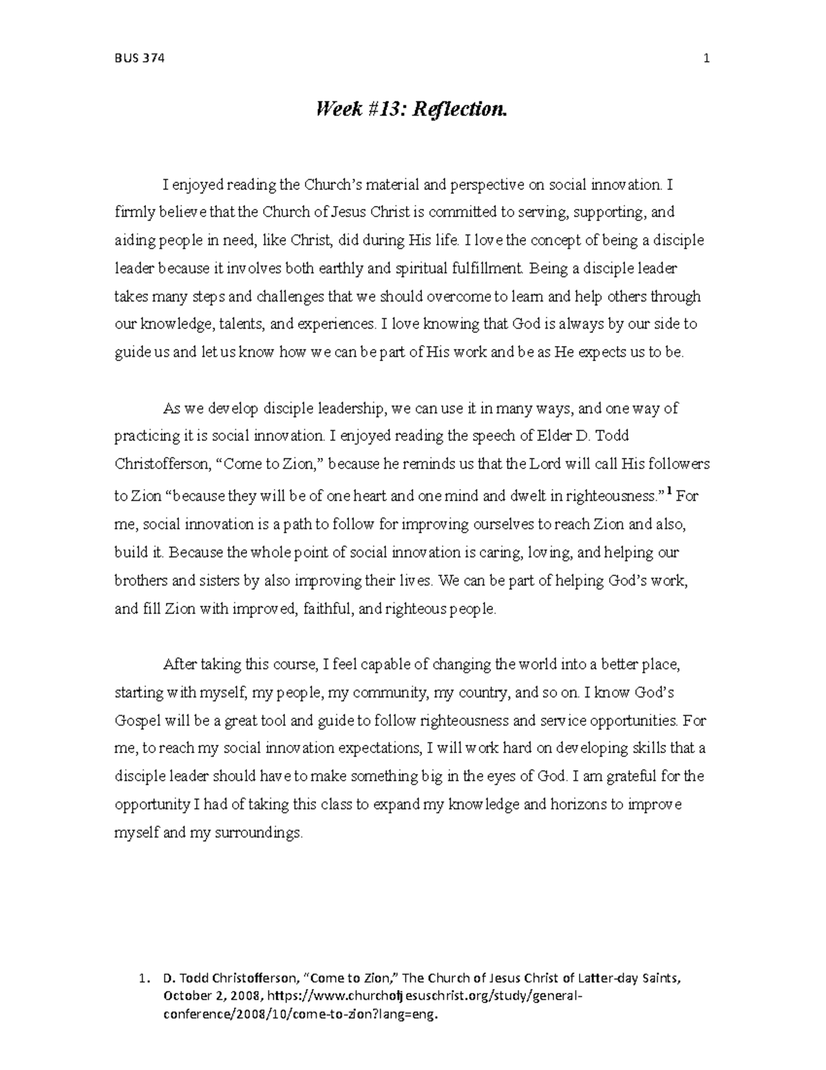 Week 13 - Reflection - BUS 374 1 Week #13: Reflection. I enjoyed ...